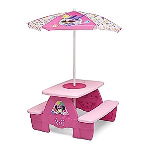 Delta Children 4 Seat Activity Picnic Table with Umbrella and Lego Compatible Tabletop, Minnie Mouse, 32.5 in x 34.25 in x 53.5 in