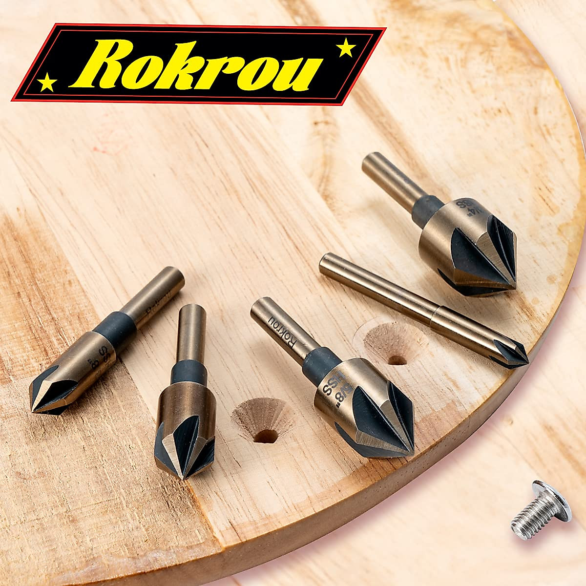 Countersink Drill Bit Set 5PCS 4241 HSS 82 Degree 5 Flute 1/4 Inch Round Shank Mill Cutter Bit Sizes 1/4 3/8 1/2 5/8 3/4 Drill Bits