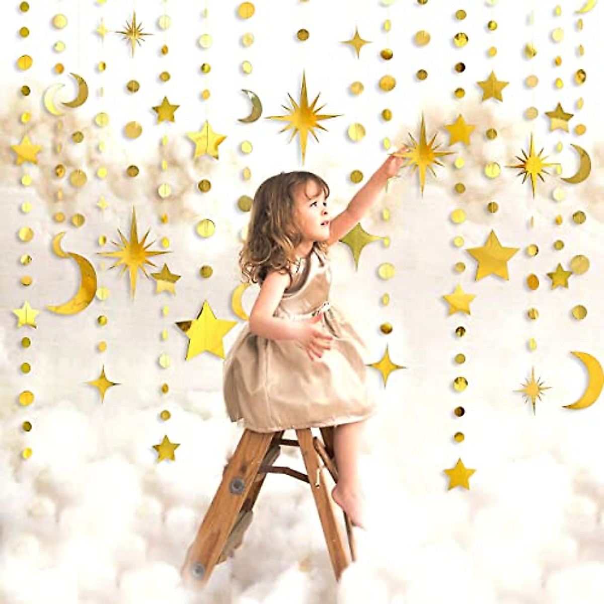 Gold Star Moon Circle Dot Garland Party Decorations Kit Hanging Crescent and Twinkle Little Star Streamer Bunting Banner for Kids Room First Birthday Ramadan EID Mubarak Baby Shower Wedding Engagement