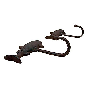 Primitive Brown Fish Cast Iron Anchor Wall Hooks, 5 1/4 Inches, Set of 2