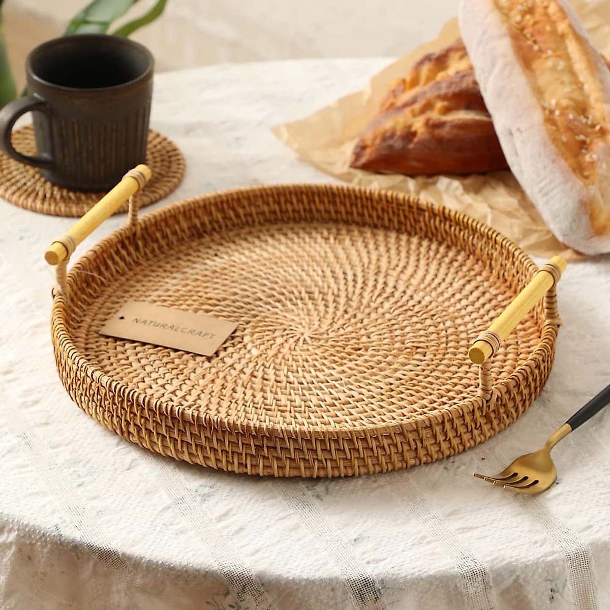 Round Rattan Coffee Table Tray with Handles - Woven Basket Food Decorative Tray ，Handmade Rattan Serving Tray with Handles ，Adorable Natural Bamboo Tray for Ottoman Coffee Table (Large/11 inch)
