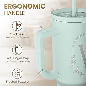 SANDJEST Stainless Steel Tumbler 40oz with Handle Initial V and Canvas Tote Bag