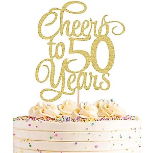 AHAORAY Cheers to 50 Years Cake Topper - Gold Glitter 50th Birthday Cake Decorating Supplies, Perfect for 50th Anniversary or Fifty Birthday Party, Photo Booth Props