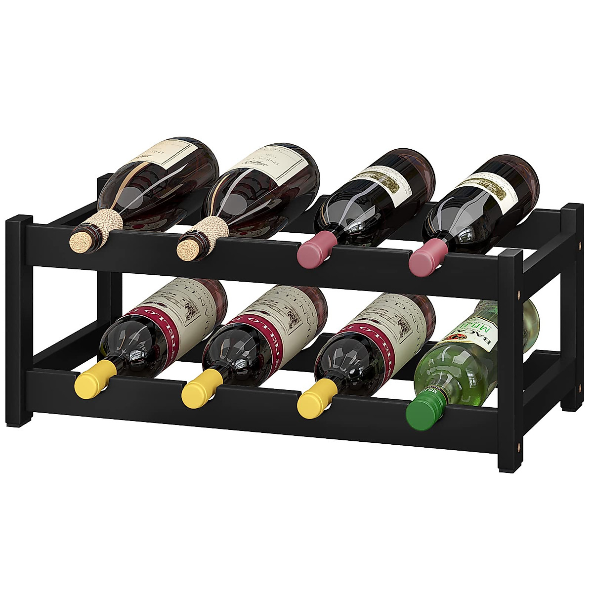 BAMEOS Wine Rack Freestanding 8 Bottle 2 Tier Bamboo Wine Racks Countertop Cabinet Wine Holder Wine Storage Shelf for Kitchen, Bar, Pantry, Wine Cellar, Countertop Black (16.85 L x 9.25W x 7H)