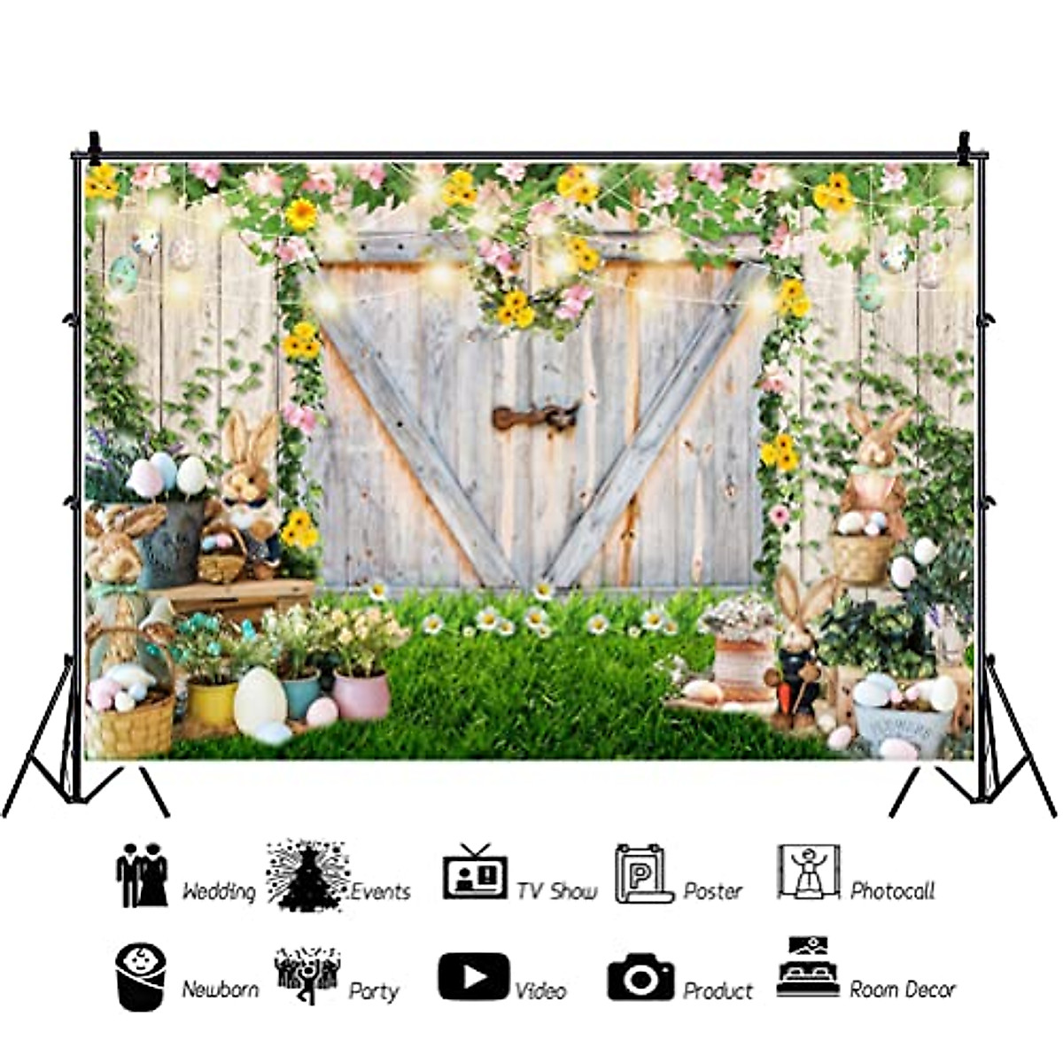 8x6ft Easter Spring Backdrop, Rustic Wooden Door Wall Bunny Rabbit Eggs Flower Greenery Photography Background Baby Shower Kids Birthday Party Decor Portrait Banner Photo Booth Studio Props