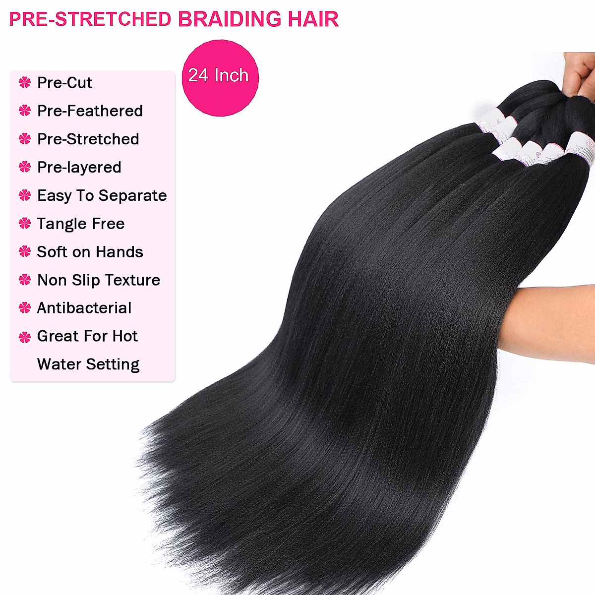 BEFUNNY Pre Stretched Braiding Hair 8 Packs 24 Inch Professional Pre Stretched Crochet Hair For Human Braiding Or Twist Natural Black Yaki Perm Straight Synthetic Hair Extension For Women(24", 1B#)