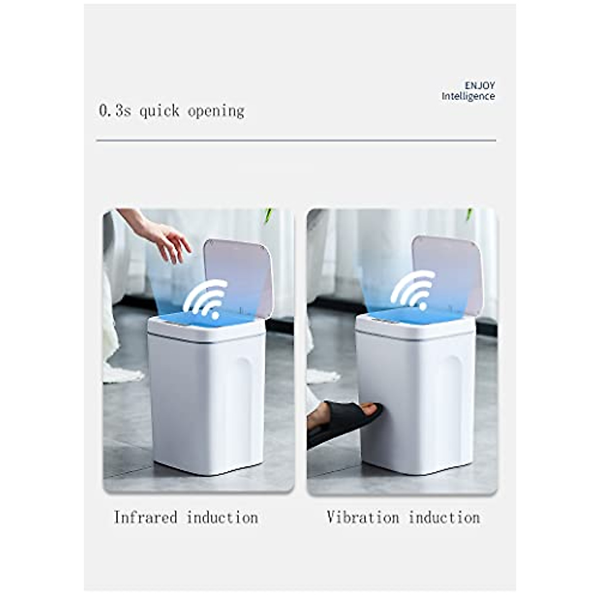 Smart Trash Can 3-Mode Low Noise Automatic Dustbin Touchless Infrared Vibration Motion Sensor Waste Basket Eco-Friendly Electric Garbage Dispenser Best Choice for Kitchen Bathroom Office 3.7Gal/14L