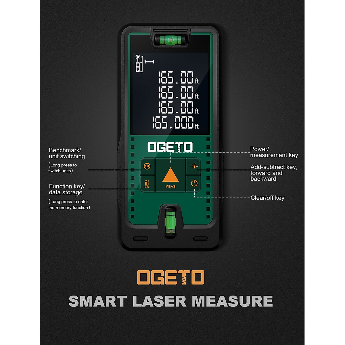 Laser Measure, Ogeto 165 Feet Digital Laser Distance Meter with 2 Bubble Levels,M/in/Ft Unit Switching Backlit LCD and Pythagorean Mode, Measure Distance, Area and Volume