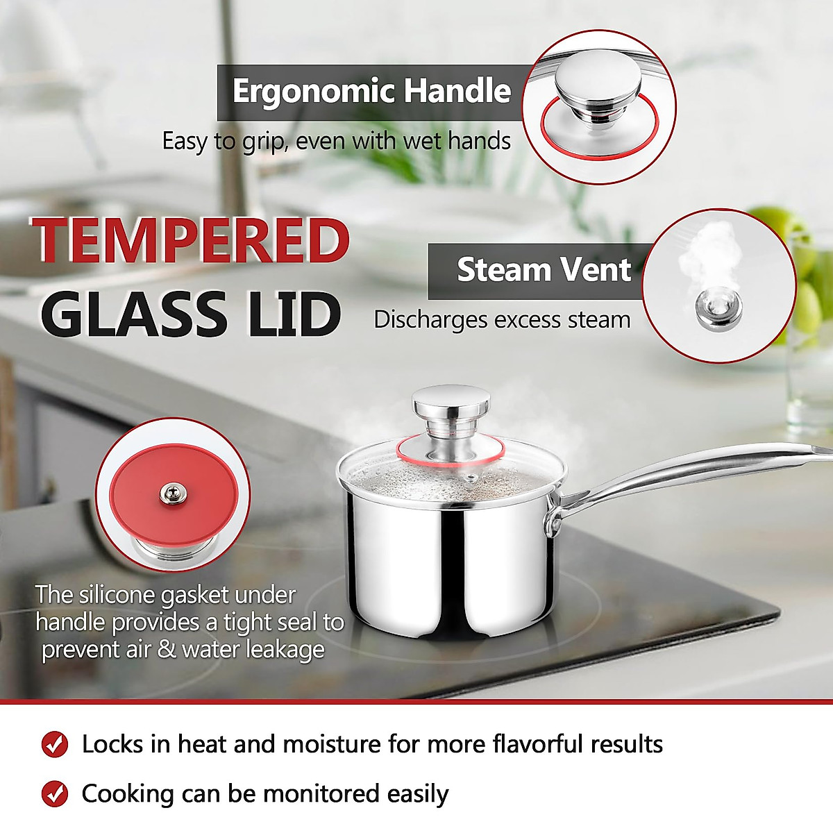 3-Quart Tri-Ply Saucepan with Lid, Joyfair 18/10 Stainless Steel Sauce Pot with Heatproof Handle, Induction Cookware for Cooking Boiling Stewing, Suitable for All Cooktops (Gas, Electric & Ceramic)