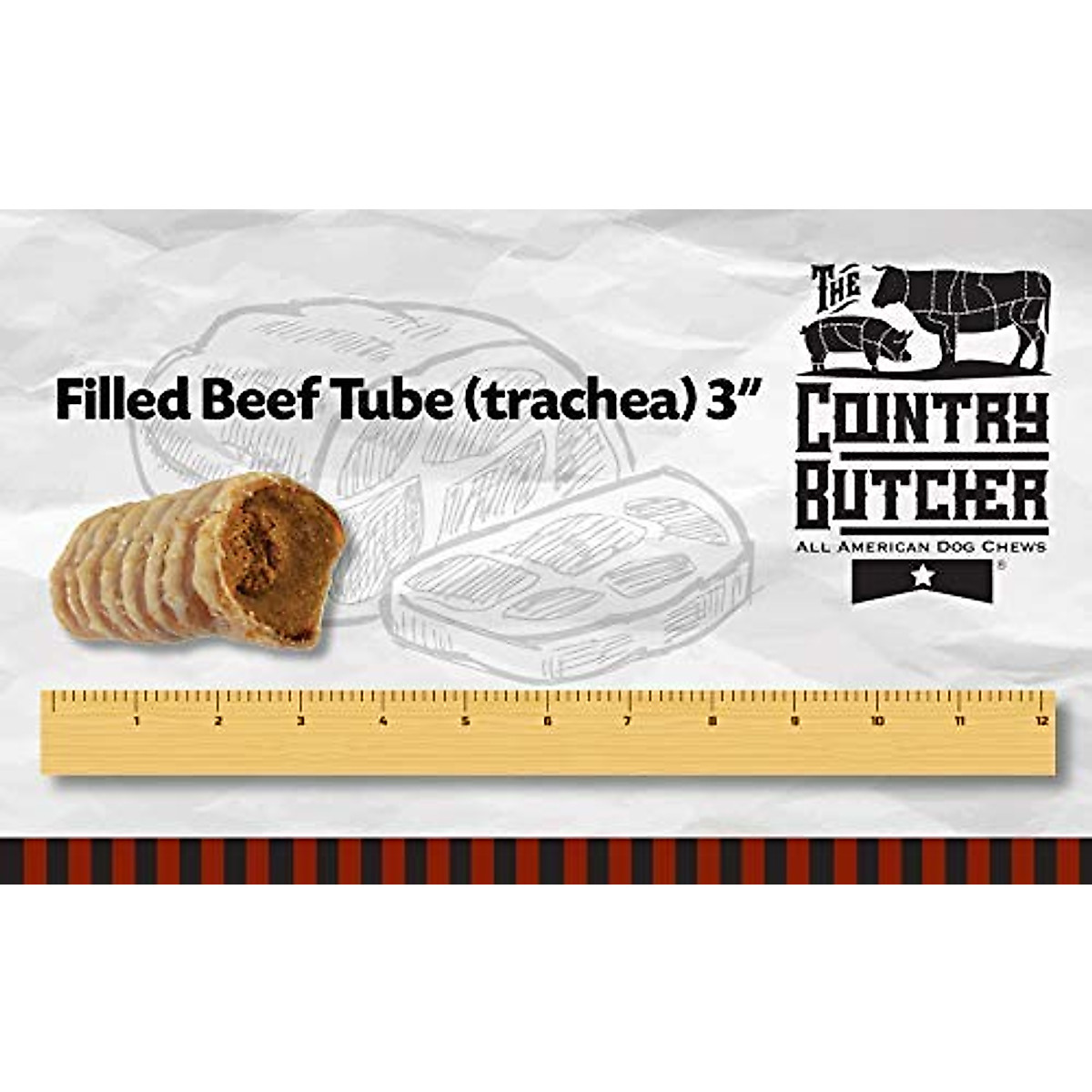 THE COUNTRY BUTCHER Filled Beef Trachea Dog Treats, Glucosamine and Chondroitin for Joint Health, Natural, Tough, Stuffed Chew Toy, Made in The USA, Peanut Butter, 5 Count - Rawhide Free, No Bone
