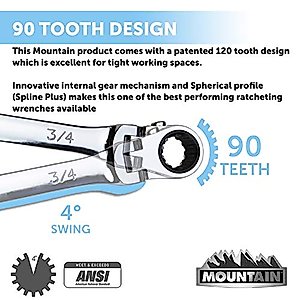 Mountain RF7 SAE Reversible Double Raised Box Ratcheting Wrench Set, Universal Spline, 90 Tooth Design, 180 Degree Rotating Head, Sizes 5/16", 3/8", 7/16", 1/2", 9/16" 5/8", 11/16", 3/4", 4-Piece