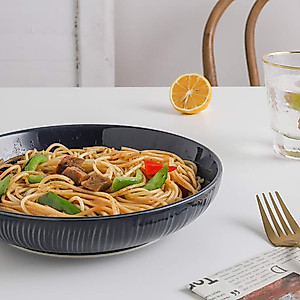 KOOV Ceramic Pasta Bowls Set of 4, 30 OZ Large Salad Bowls Set, Large Bowl For Eating, Pasta Plates, Ceramic Bowls Irregular Striped Series (Aegean)