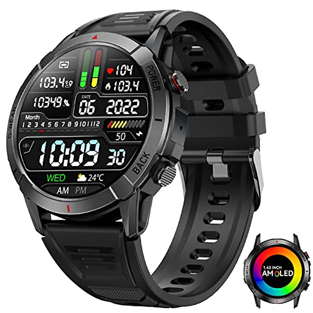 Military Smart Watches for Men with Bluetooth Call 1.43" AMOLED Always On Display Rugged Outdoor Tactical Smartwatch with Heart Rate Blood Pressure Sleep Monitor Sports Fitness Watch for Android iOS