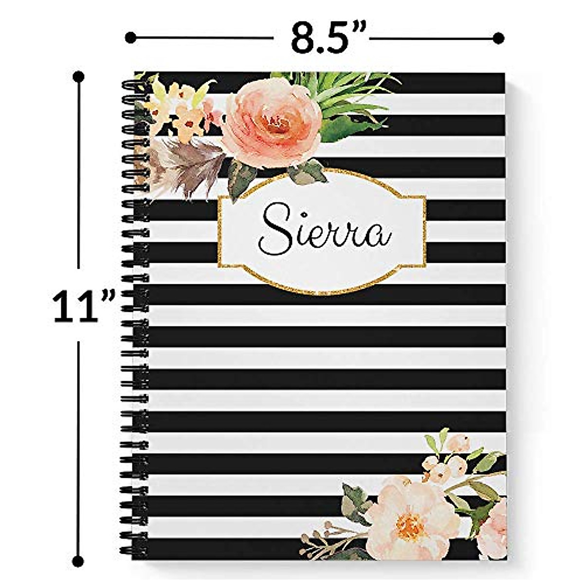 Classic Floral Personalized Notebook/Journal, Laminated Soft Cover, 120 pages of your selected paper, lay flat wire-o spiral. Size: 8.5” x 11”. Made in the USA