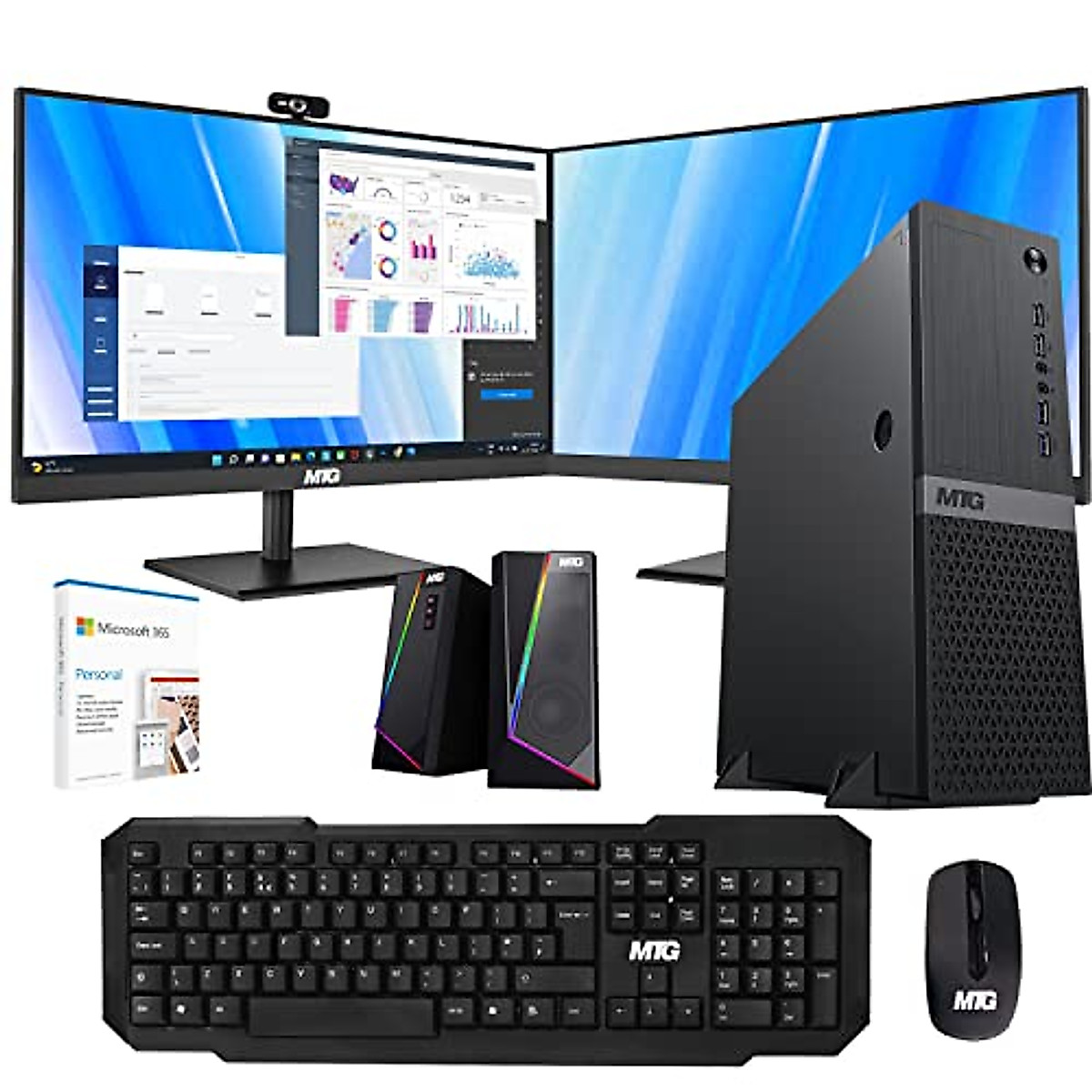 MTG Aurora Business Computer Desktop PC- Intel Core i5 8th Gen, 8GB Ram DDR4, 256GB Nvme, MTG Dual 22 Inch Monitor, MTG Wireless Keyboard Mouse, RGB Speaker, Webcam, Office 365, Win 11 Home