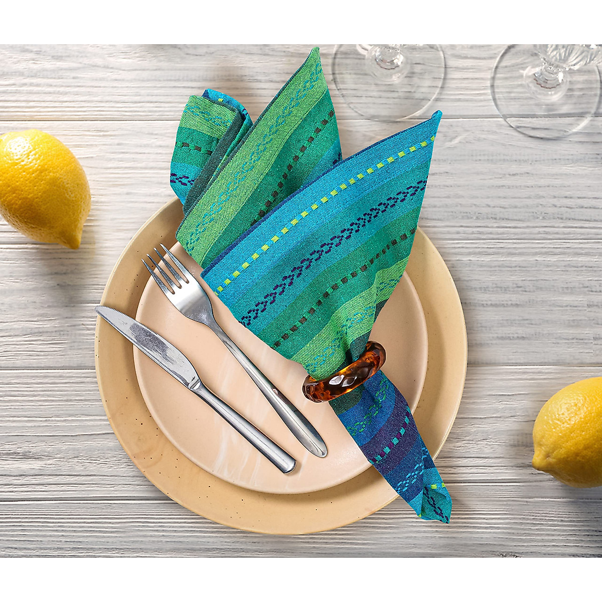 Hausattire Reusable Napkins Cloth Washable 100% Cotton Salsa Stripe 18x18 Inch Dinner Napkins|Table Napkins for Spring Easter Basket Decor|Set of 12 Cloth Napkins for Home Banquet Wedding |Teal Multi