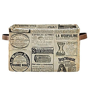 LELEGO Rectangular Storage Basket Vintage Newspaper Quote Storage Bins Boxes Collapsible Storage Cubes Organizer with Leather Handles for Home Organization Shelf Basket Toy Laundry Hamper Nursery