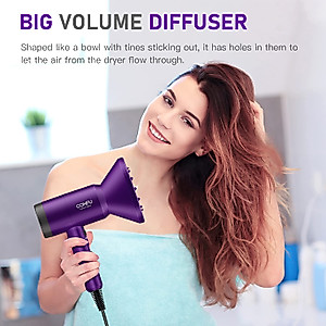 CONFU 1600W Hair Dryer, Lightweight Hair Blow Dryer, Ionic Hair Dryers with Diffuser & Concentrator & Cool Shot Button for Travel Salon Home Use, Purple