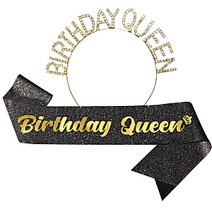 Birthday Sash for Women & Birthday Crown - 2Pc SET - Birthday Sash and Birthday Tiara. Ideal Birthday Decorations for Women, Birthday Headband, Birthday Queen Sash, Birthday Party Decorations (Black)