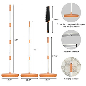 Rubber Broom for Pet Hair Removal with 57" Long Handle,Carpet Rake for Fluff Carpet with Squeegee,Dog Cat Fur Remover Rug Brush Broom,Hardwood Floor,Tile,Window,Portable Detailing Lint Remover Brush