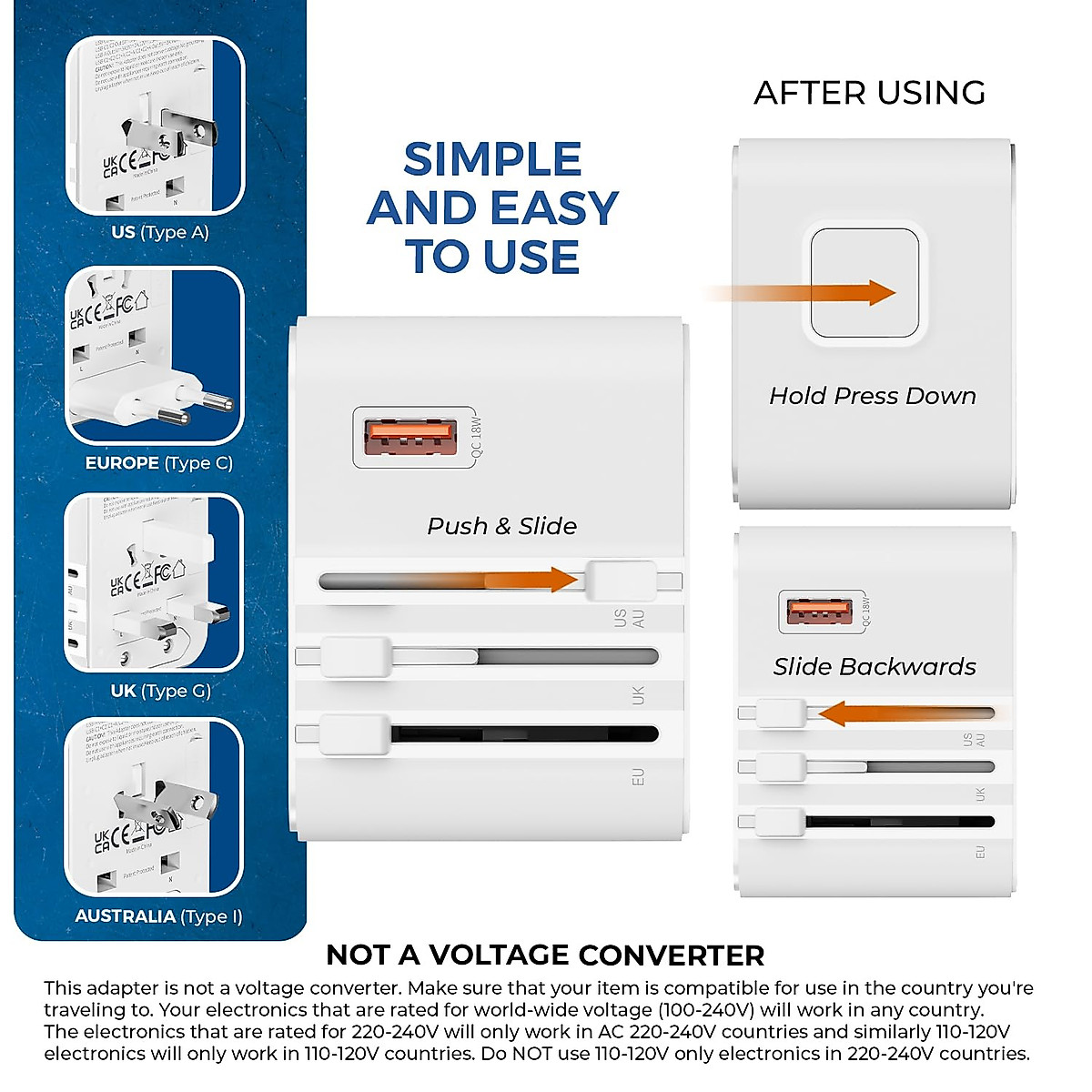 OREI 25Watt Universal Travel Adapter | 2 (USB C) 1 (USB A) 4-in-1 Universal Power Adapter | | Type C, A, G, I Compatible | Universal Chargers for All Devices compatible 150+ Countries