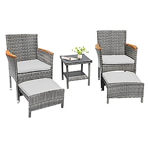 5 Piece Outdoor Patio Furniture Set with Table&Ottoman Outdoor Furniture Patio Set Bistro Wicker Patio Set of 2 Outside Lawn Chairs Conversation Sets for Porch Balcony Deck(Gray Wicker&Gray Cushion)