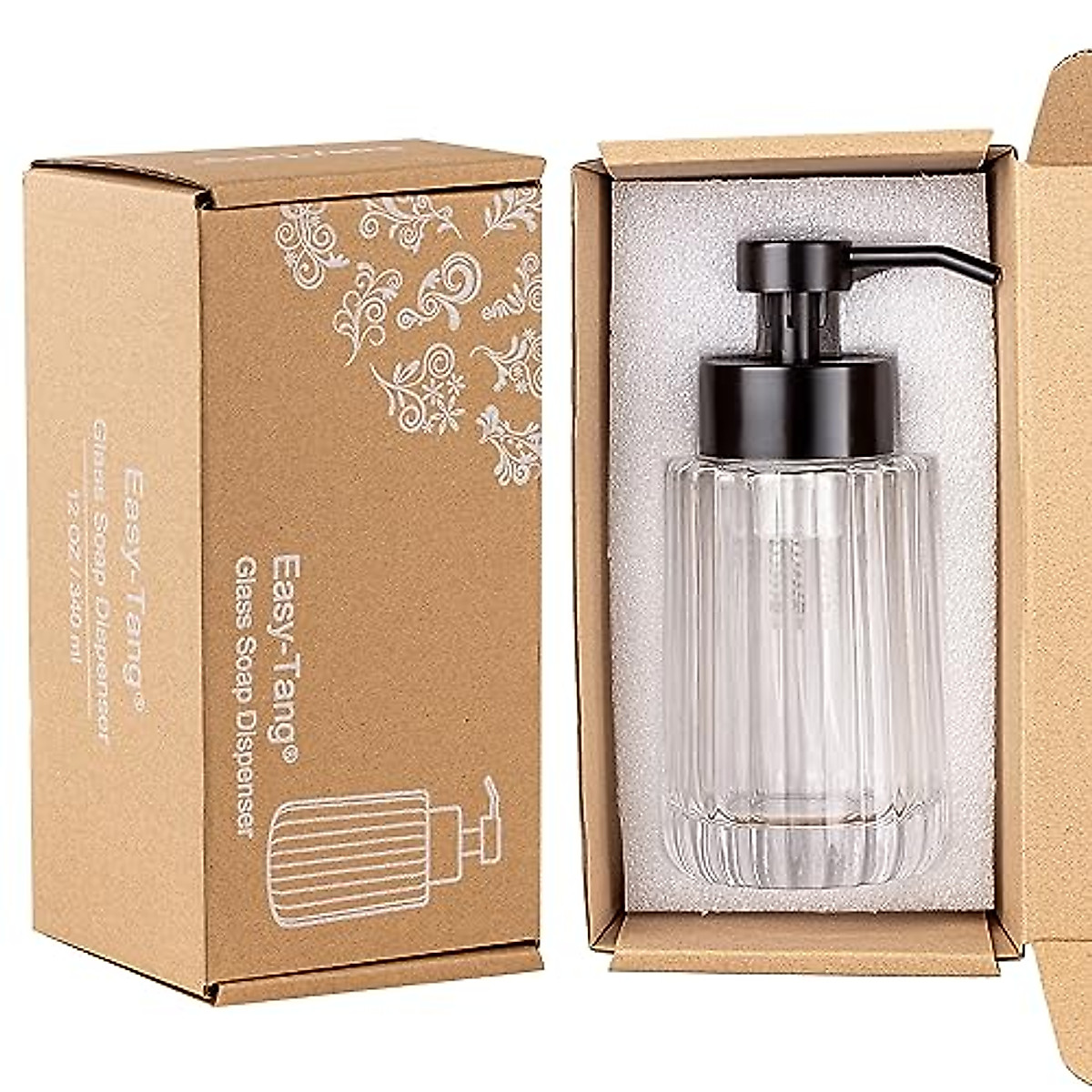 Easy Tang Glass Foaming Soap Dispenser with Black Pump, 12 OZ Vintage-Inspired Modern Glass Refillable Bottle for Bathroom Vanity Countertop and Kitchen