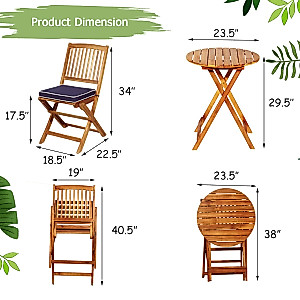 FANTASK 3 Pieces Folding Acacia Wood Bistro Set, Patio Furniture Set with Cushions & 1 Round Table, Indoor Outdoor Bistro Table and Chairs Set of 2 for Patio, Garden, Poolside, Porch, Lawn (Navy)