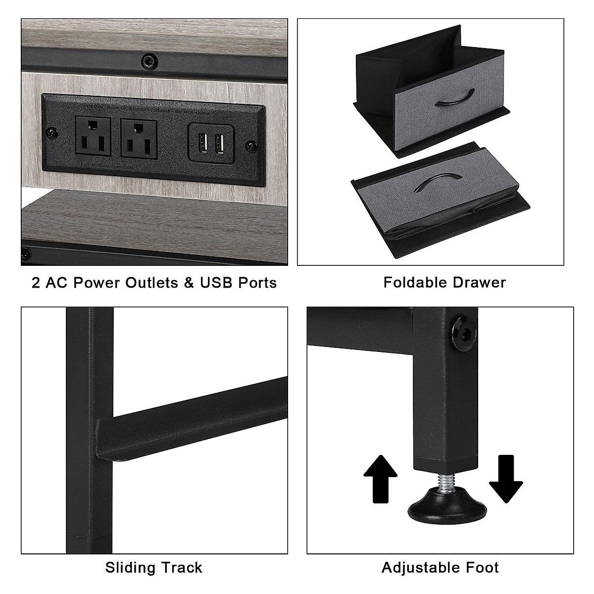 NANANARDOSO End Table with 3 Drawers and 2-Tier Shelf, Fabric Small Dresser Organizer Vertical Storage with Charging Station, Industrial Nightstand Side Table for Bedroom, Sofa, Grey
