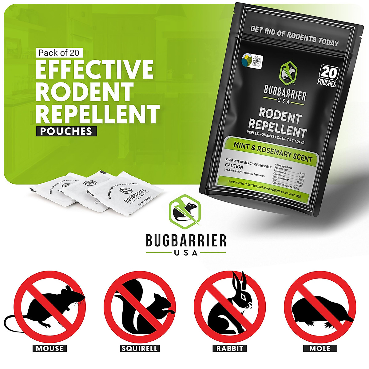 BugBarrier's Extra-Strength Mouse Repellent Pouches, USDA 99% Biobased, Peppermint & Rosemary Oils Repel Mice Nesting & Freshen Air in Car, RV, Boat, Garage, Shed, Cabin Made in The USA (Pack of 20)