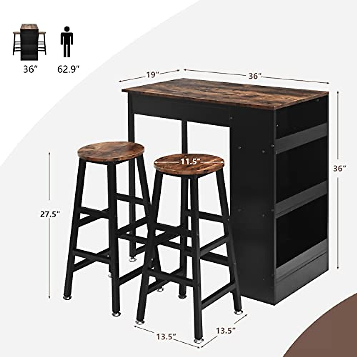 COSTWAY 3 Pieces Bar Table and Chairs Set, Counter Height Dining Table with 2 Bar Stools and 3 Shelves, Industrial Pub Kitchen Table Set for Living Room, Restaurant, Bar, Brown