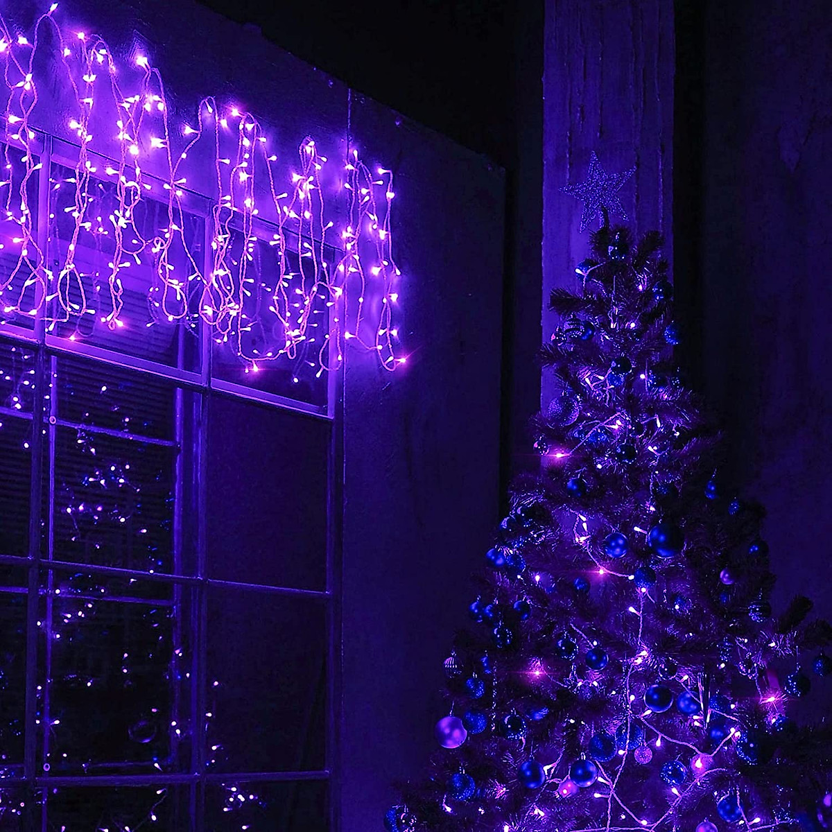 SDOUBLEM 13FT 96 LEDs Purple 8 Modes Memory Mode Icicle Light Window Curtain String Light Wedding Patio Home Garden Bedroom Outdoor Indoor Party Decorations