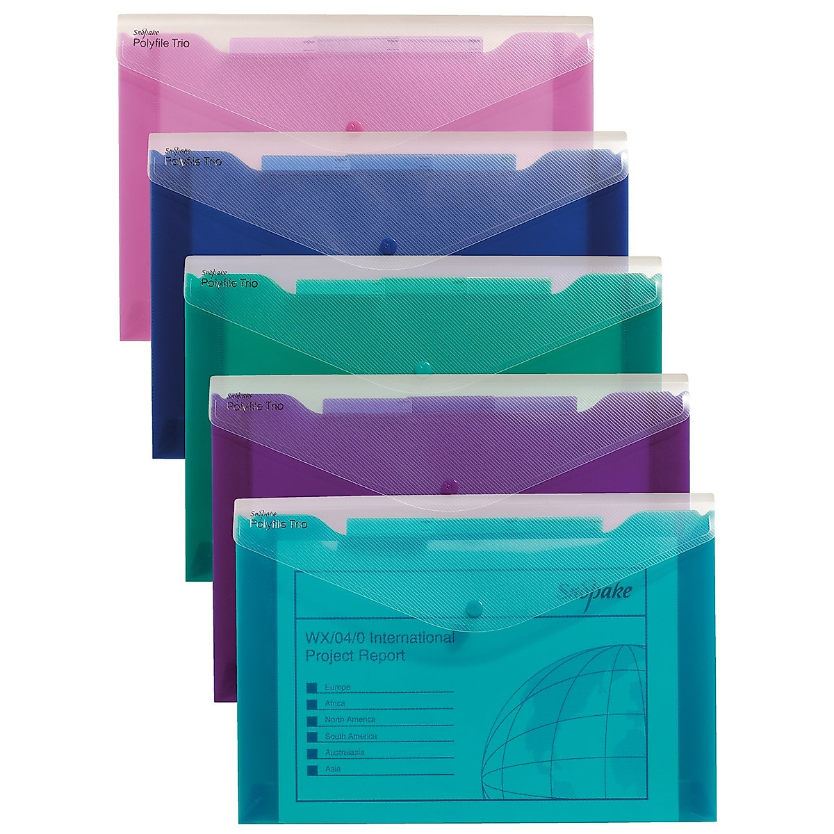 Snopake Foolscap Polyfile Trio Popper Wallet with Indexing System and Press Stud Closure – Electra Assorted [Pack of 5] Ref: 14967