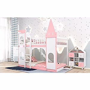 BOVZA Castle Bed Kids Bunk Bed Twin Over Twin with Ladder and Safety Guardrails for Girls Boys, Pink