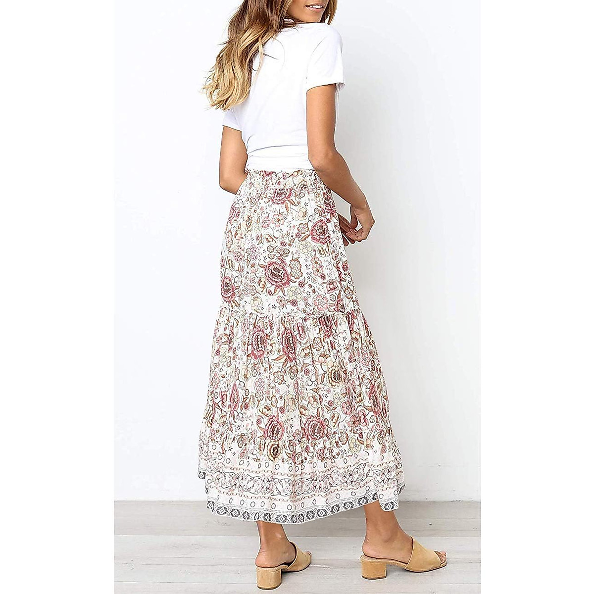 MEROKEETY Women's Boho Floral Print Elastic High Waist Pleated A Line Maxi Skirt White