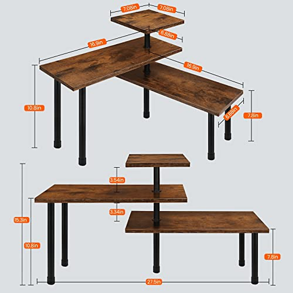 Homode Corner Shelf, 3 Tier Kitchen Counter Shelf, Vintage Wood Countertop Organizer, Adjustable Spice Rack, Counter Storage Organization for Kitchen, Bathroom, Office, Rustic Brown
