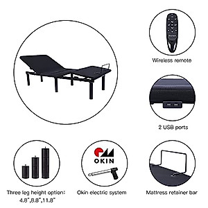 Fromann Twin XL Electric Adjustable Bed Base Frame with Wireless Remote, USB Ports, Zero Gravity, Under Bed Led Lighting, Three Leg Heights and No Tools Assembly