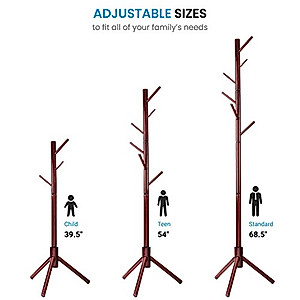 ZOBER Coat Rack Free Standing - Wooden Coat Tree W/ 6 Hooks - Coats, Purses, Hats - Adjustable Sizes, Easy Assembly - Cherry