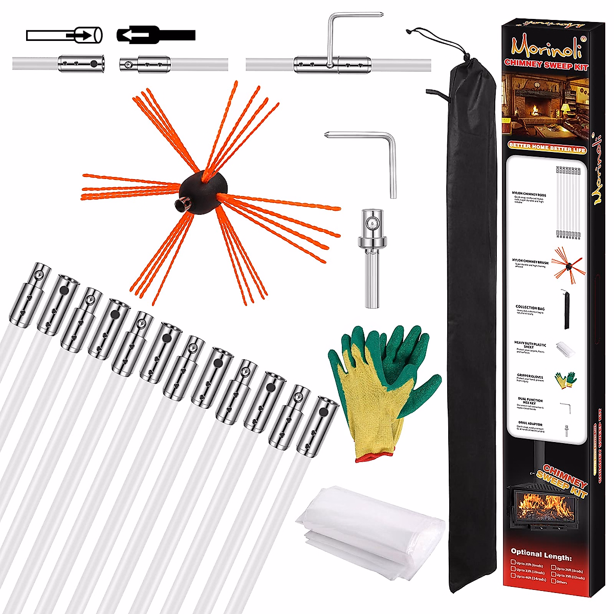 Morinoli 39 Feet Chimney Sweep Kit, Chrome Button Locking System, Chimney Cleaning Kit, Chimney Brush, Chimney Cleaning Tool, Chimney Cleaning System with 12 Flexible Chimney Rods