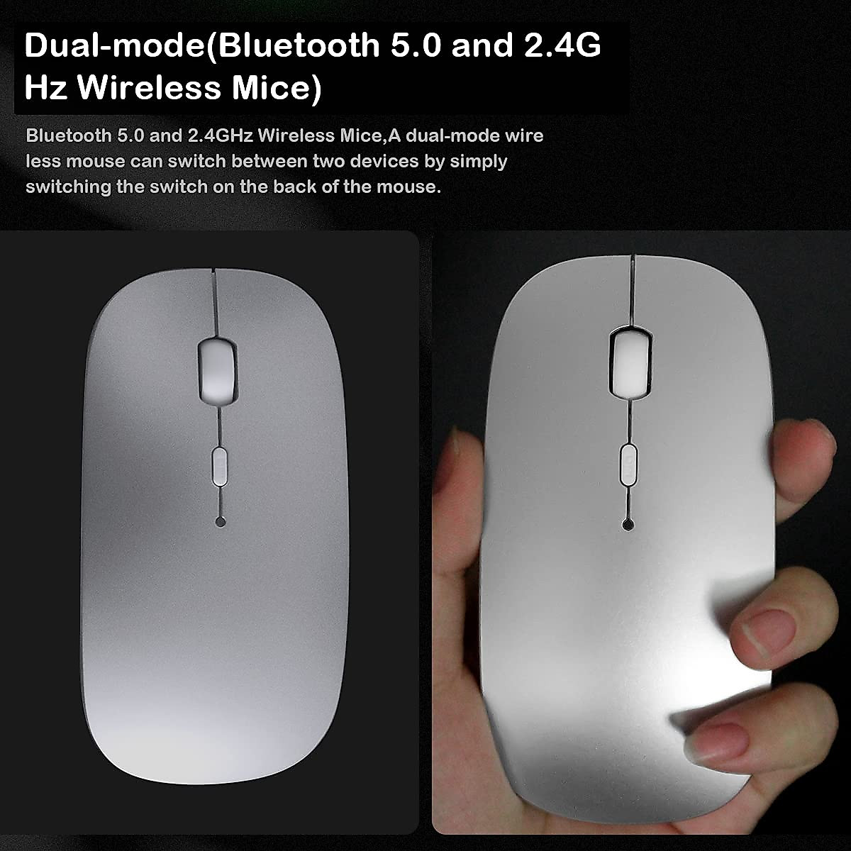 SUNGI Bluetooth Mouse, Rechargeable Wireless Mouse Dual Mode(Bluetooth 5.2+USB),Silent Slim with Adjustable DPI Computer mice for MacBook,Laptop,Tablet,PC,iPad Pro,iPad Air,OS Android,Windows(Silver)