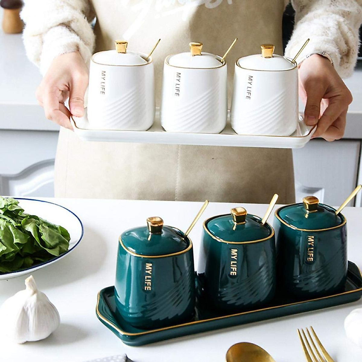 3pcs per Set Ceramic Condiment Pots with Tray, Seasoning Box Condiment Pots, Ceramic Sugar Bowl with Lids and Spoons, Container Spice Jar Salt Cellar for Kitchen (White)