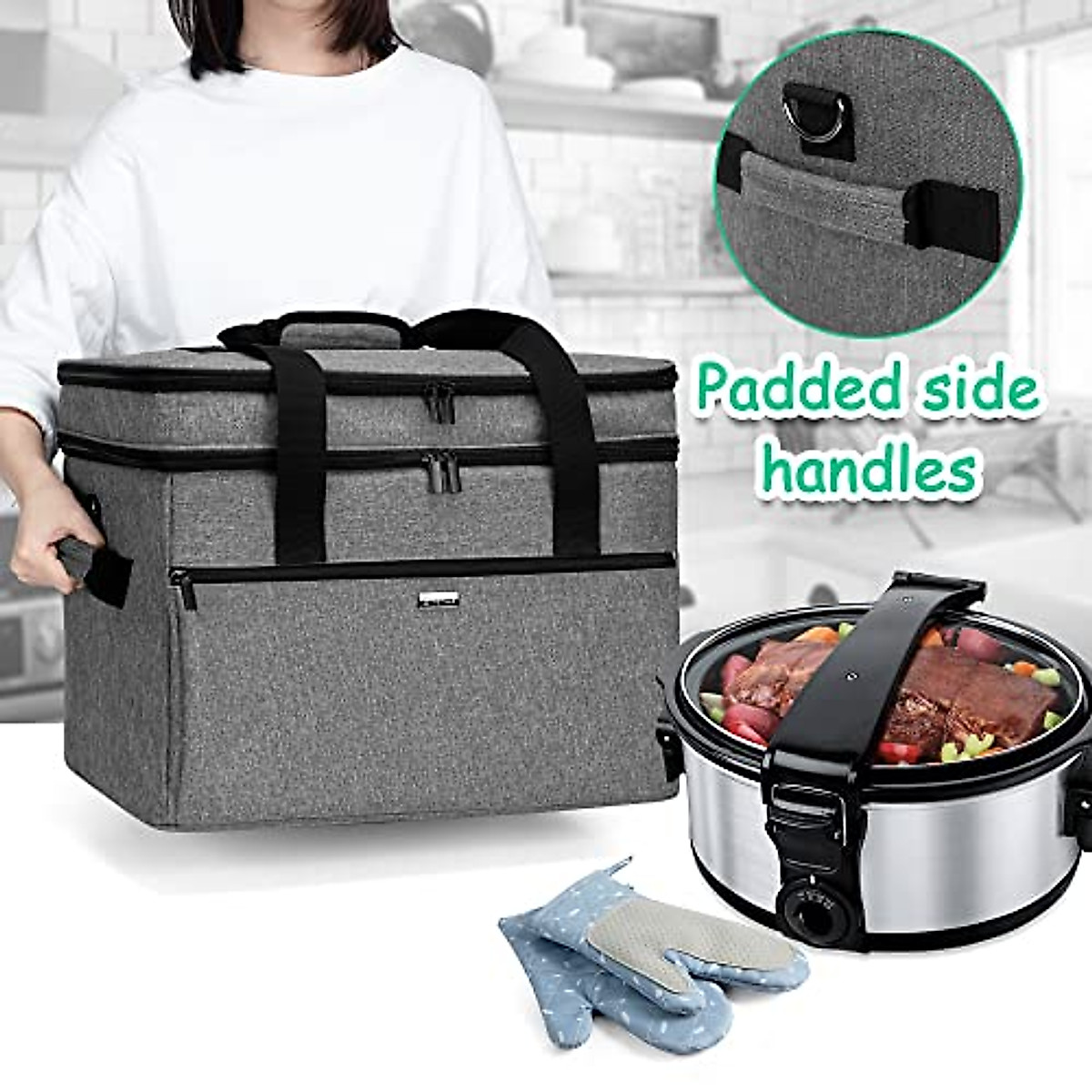 YARWO Slow Cooker Bag Compatible with Crock-Pot and Hamilton Beach 6-8 Quart Oval Slow Cooker, Double Layers Slow Cooker Travel Carrier for kitchen Appliance and Accessories, Gray (Bag Only)