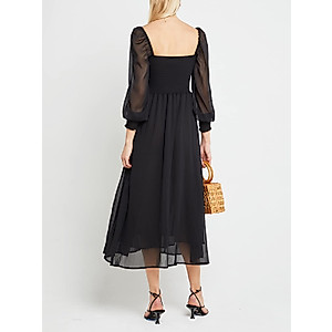 ZAFUL Women Dress Square Neck Off Shoulder Puff Sleeve A Line Smocked Long Sleeve Casual Maxi Black Dress