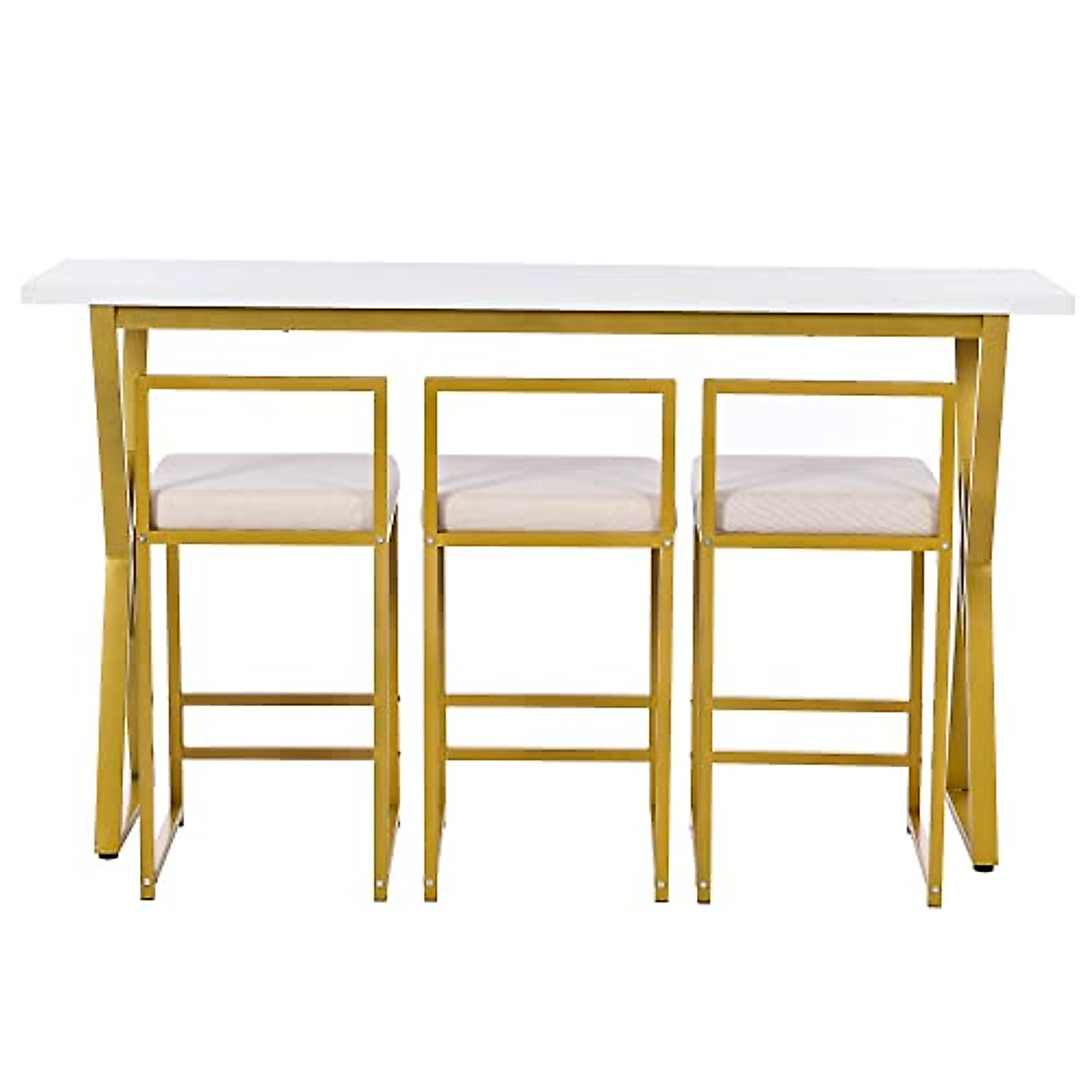 Fashion 4-Piece Counter Height Dining Table Set,Extra Long Console Bar Dining Table Set with 3 Padded Stools,Gold Metal Frame Kitchen Set for Small Places,Dining Area,Kitchen,Breakfast Nook,Home Bar.