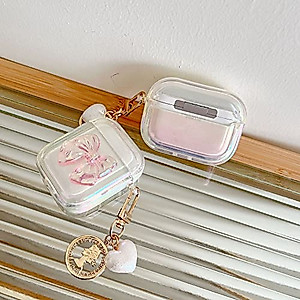 Ownest Compatible with AirPods Case Cute Clear Gradual Laser Bow Pattern Girls Woman Soft Silicone Shockproof Love Heart Keychain Design Cover for AirPods Pro-Transparent