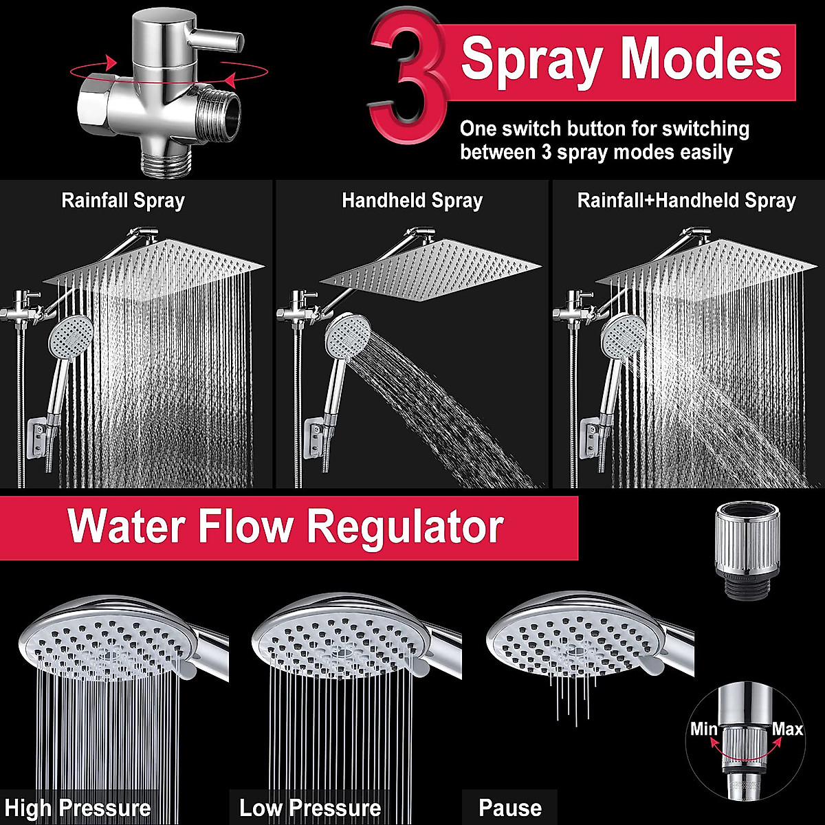Shower Head, NERDON 12'' High Pressure Rainfall Shower Head Handheld Combo 5 Settings with 15'' Brass Height/Angle Adjustable Extension Arm 60" Hose, Stainless Steel Bath Rain Showerhead with 4 Hooks