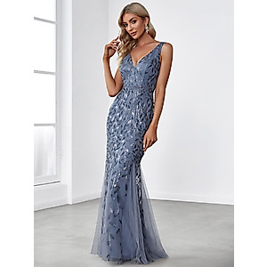 Ever-Pretty Women's Formal Dress Sequin Double V-Neck Sleeveless Mermaid Long Evening Dress Dusty Navy US10