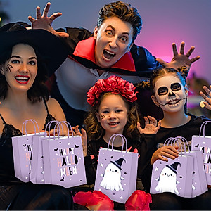 JarThenaAMCS 16Pcs Happy Halloween Paper Gift Bags Cute Ghost Party Favor Bags with Handle Lilac Purple Goodie Candy Treat Bags for Halloween Party Decor Supplies