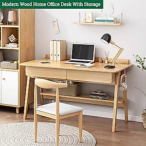 Topjia Modern Natural Wood Desk,Wood Home Office Desk with Drawers & Shelves,Writing Desk Workstation,Simple Study Desk Table Computer Desk - Only Desk(39inch, Natural)