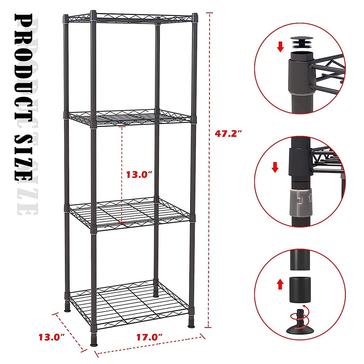 ZHAZHADI 4 Tier Fixed Layer Spacing Storage Shelf Metal Storage Rack Wire Shelving Unit Storage Shelves Metal 528Lbs Capacity 17" L x 13" W x 47" H for Pantry Closet Kitchen Laundry Black